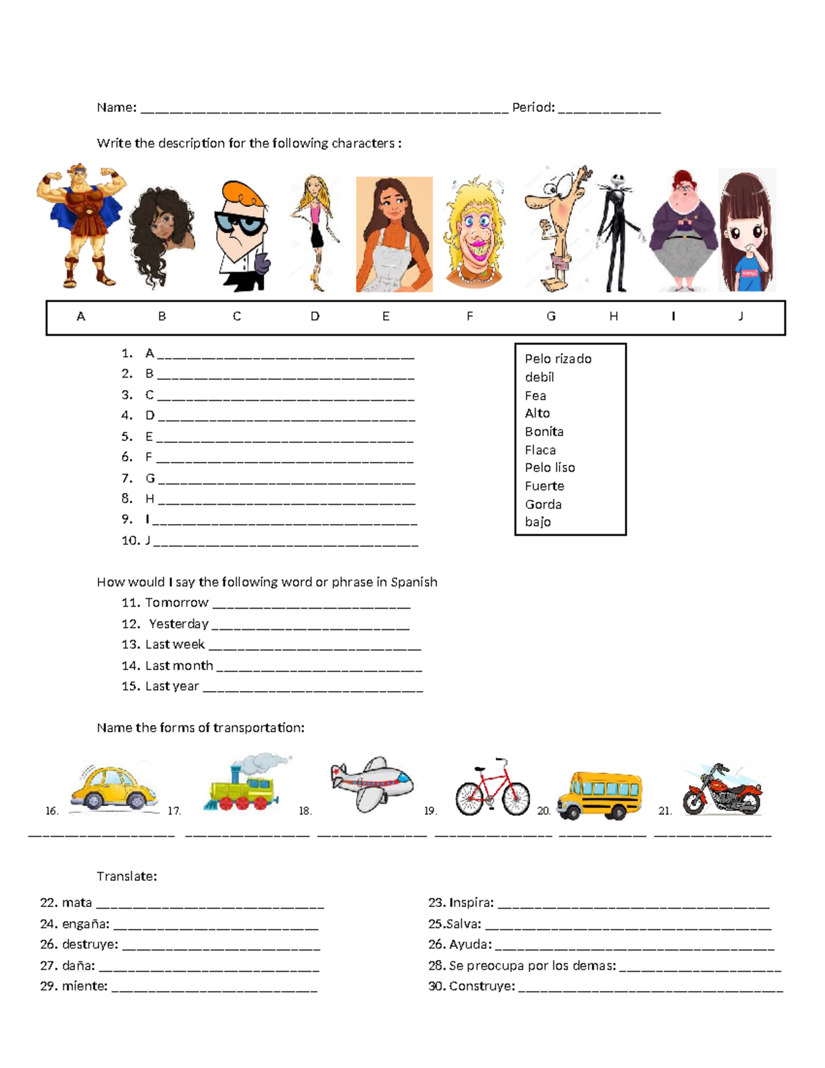 Spanish II Fall Final 2018 Review: Character Descriptions ...