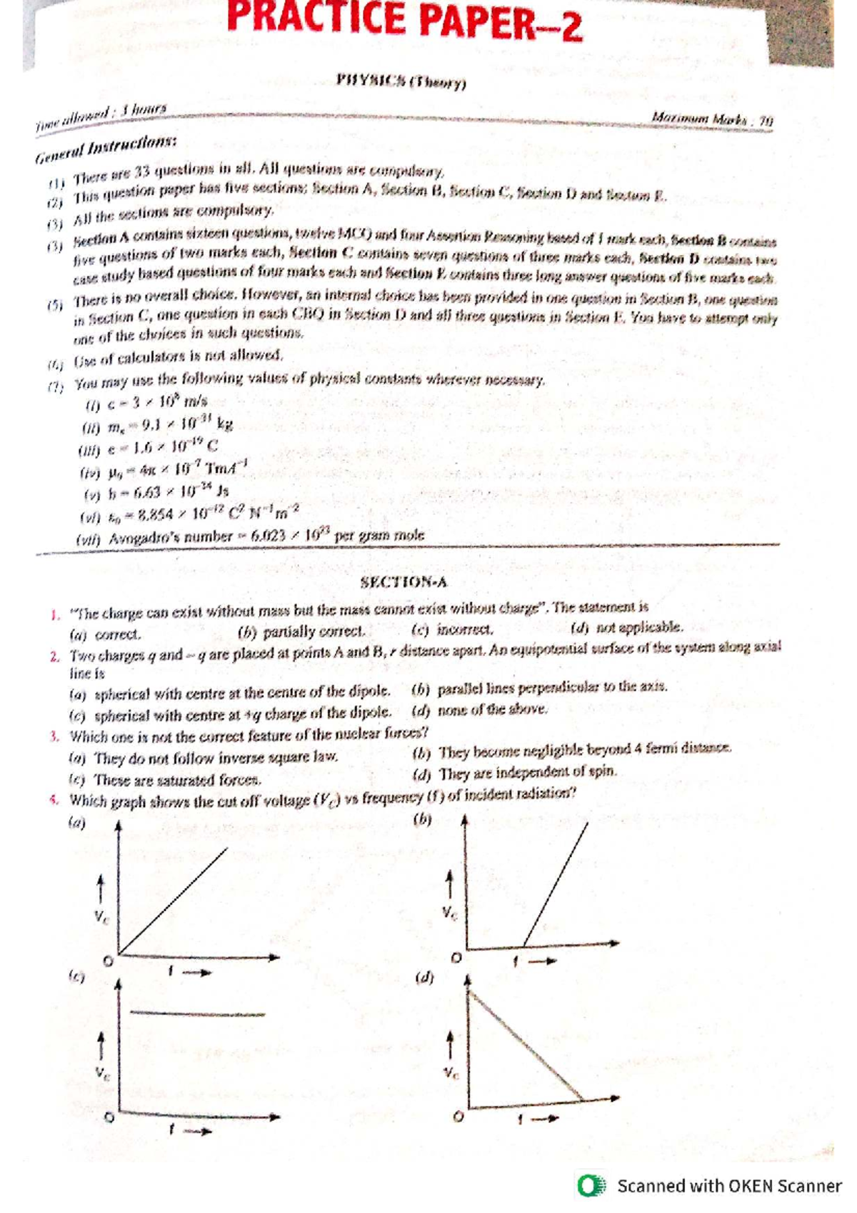 PRACTICE PHYSICS (Theory) Paper 2,3 - Time: 3 hrs, Max Marks: 70 - Studocu