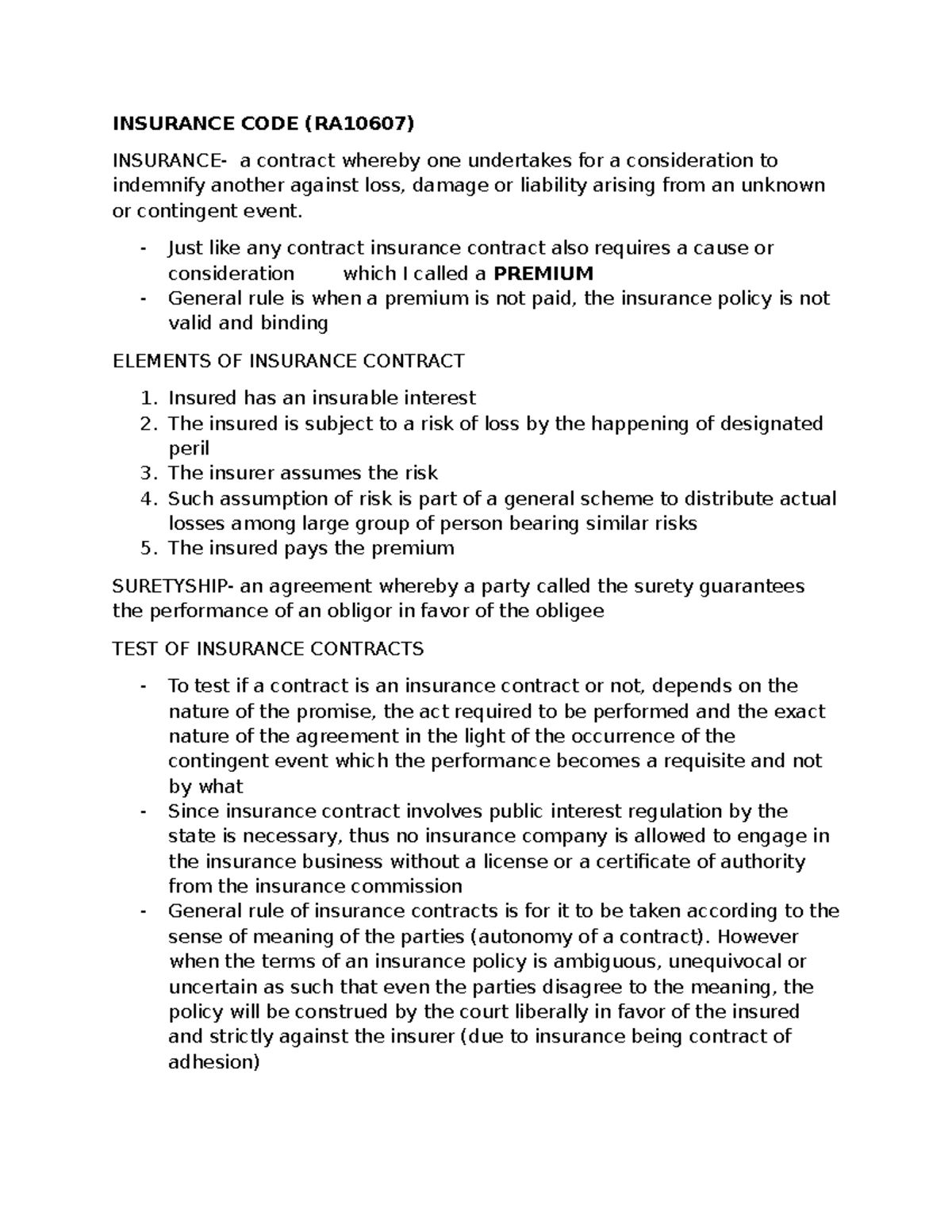 Insurance Notes (RA10607): Understanding Insurance Contracts and ...