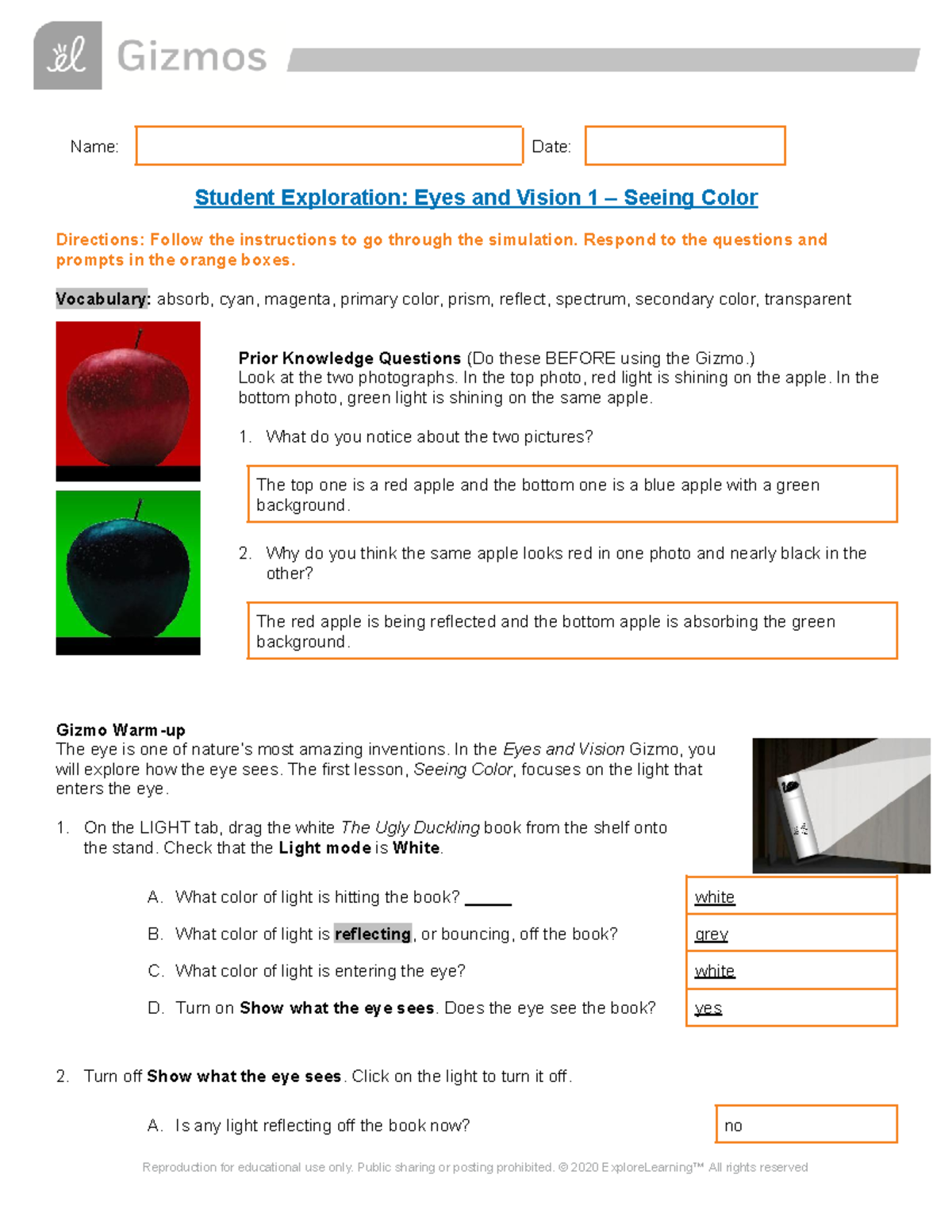 Gizmo Exploration: Seeing Color Worksheet for Vision Study - Studocu