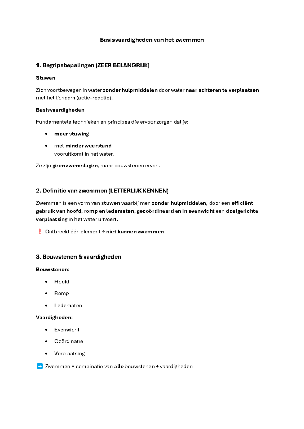 Zwemmen Theorie Samenvatting (ZEER BELANGRIJK) - Basisvaardigheden en ...