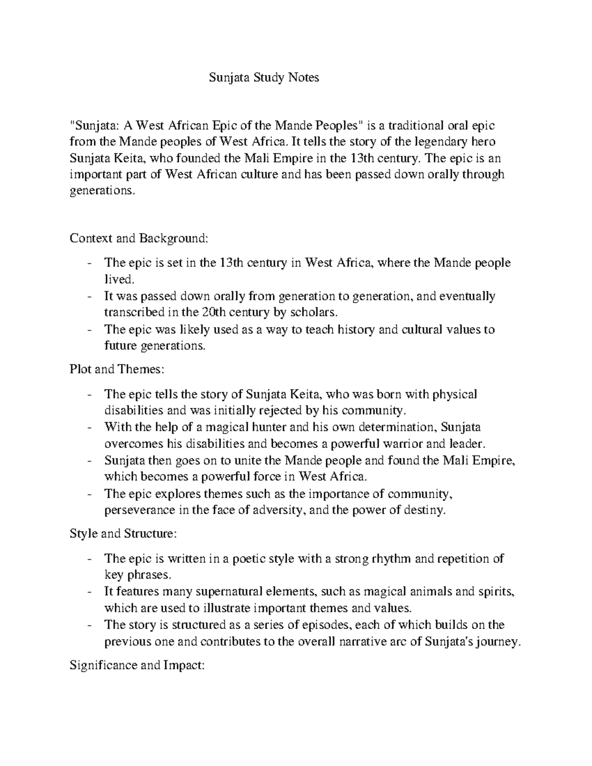 Sunjata Study Notes: Insights into the West African Epic - Studocu