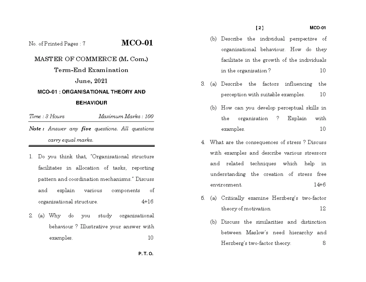 MCO-1 - Previous Year Question Paper - No. of Printed. Pages : 4 MC0 ...