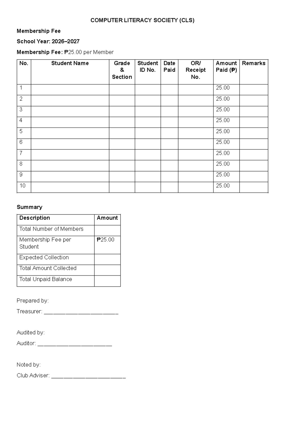 COMPUTER LITERACY SOCIETY (CLS) Membership Fee Summary Report - Studocu