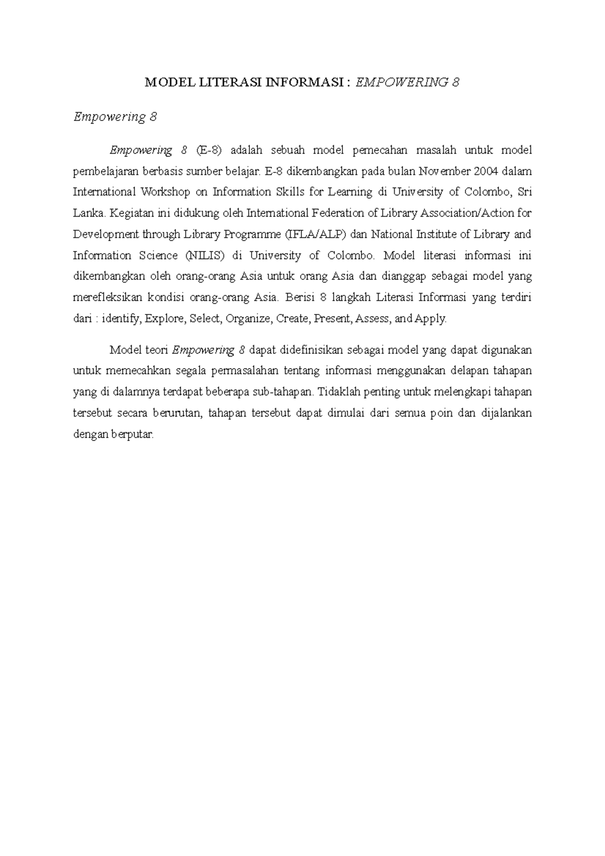 MODEL LITERASI INFORMASI: PENERAPAN MODEL EMPOWERING 8 - Studocu