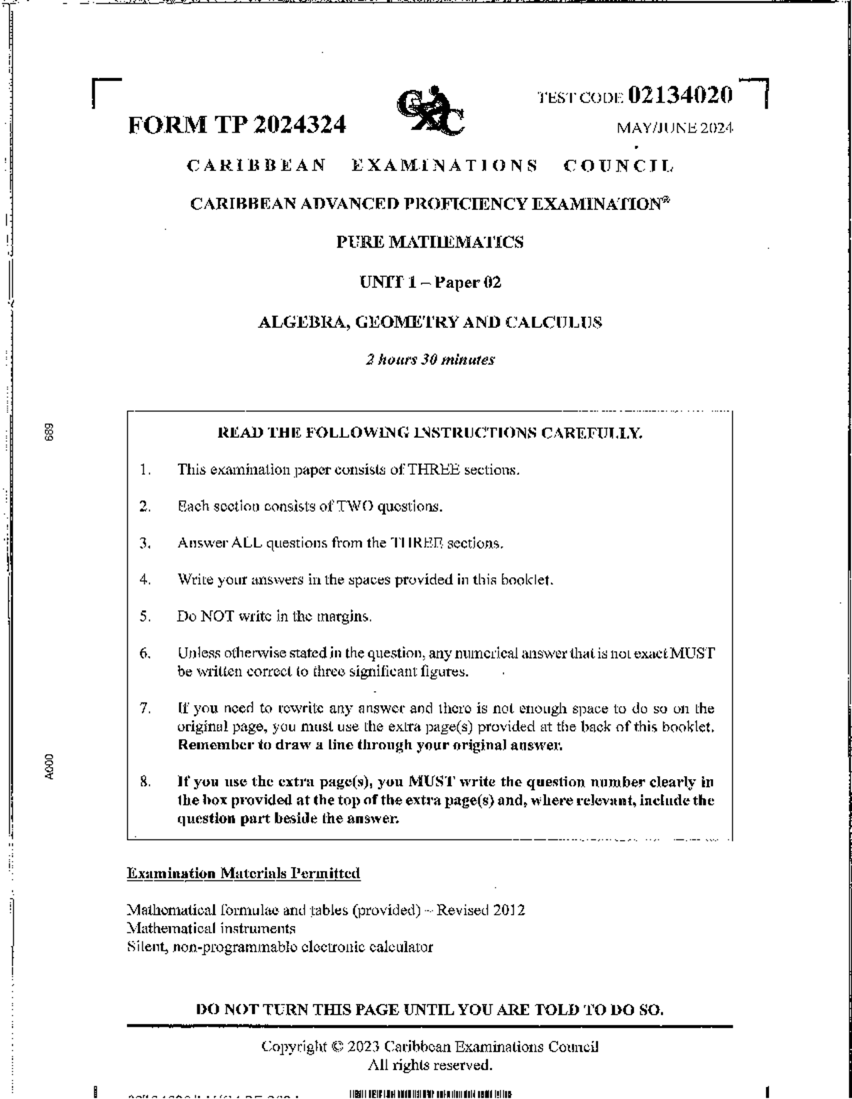 Pure Mathematics Unit 1 Paper 02: Algebra, Geometry & Calculus 2024 ...