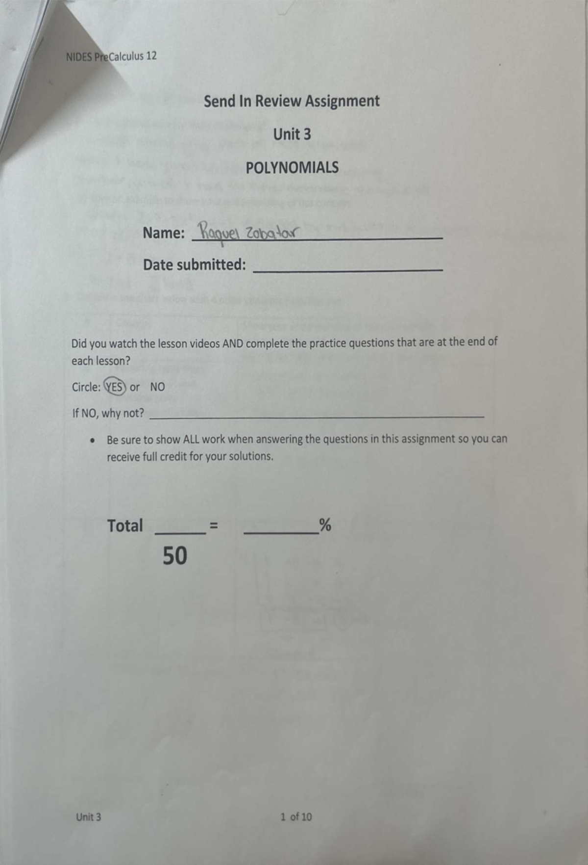 NIDES PreCalculus 12 Unit 3 Polynomial Review Assignment - Studocu