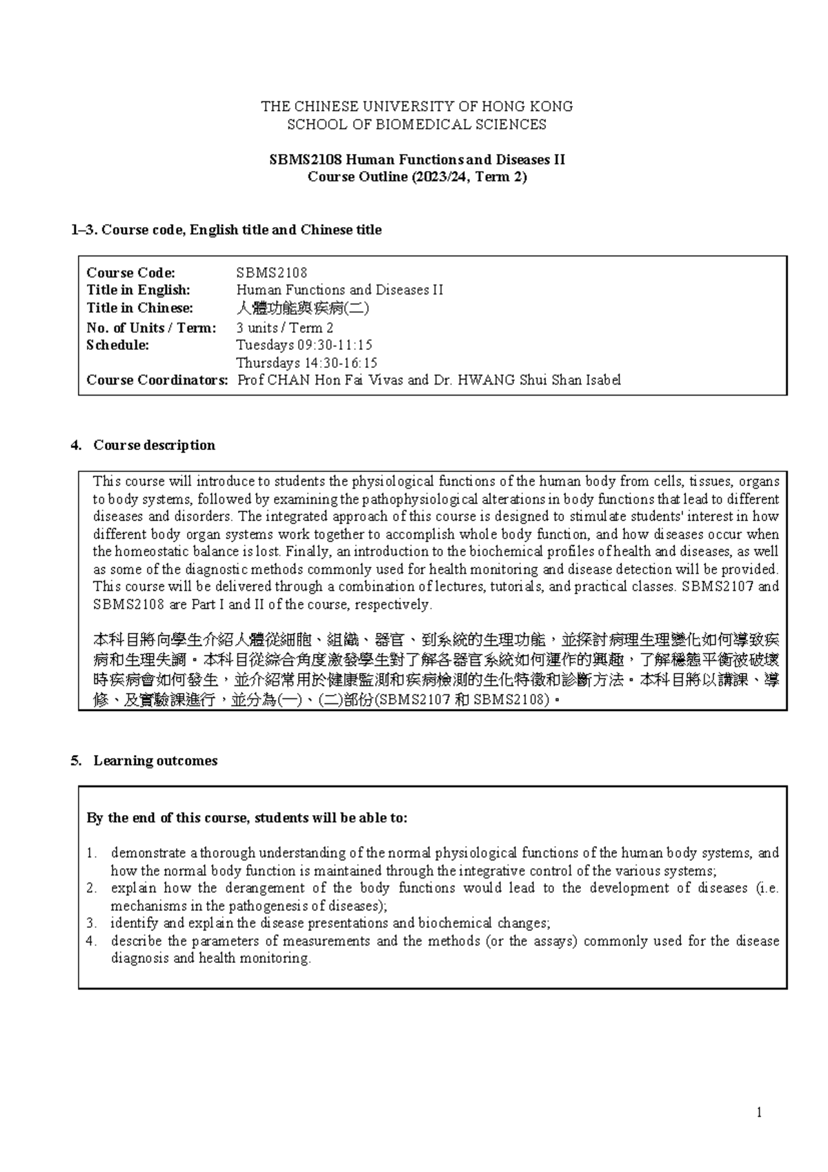 SBMS2108 Human Functions and Diseases II Course Outline Term 2 - Studocu
