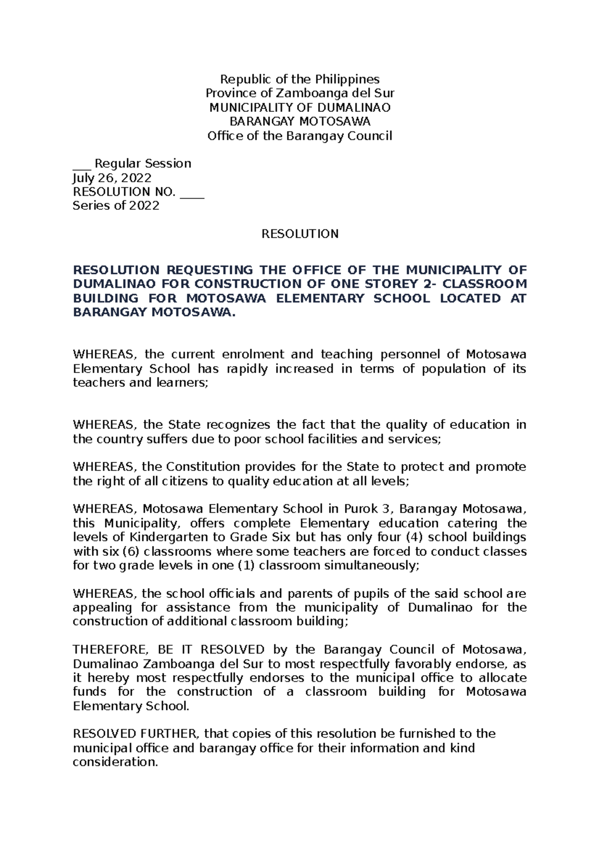 Resolution Requesting Construction of Classrooms for Motosawa ...