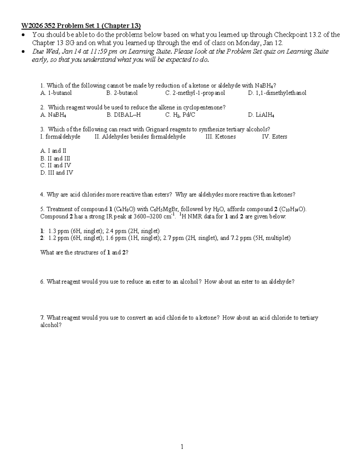 352 Chem13 Problem Set 1: Reactions & Mechanisms (Chapter 13) - Studocu