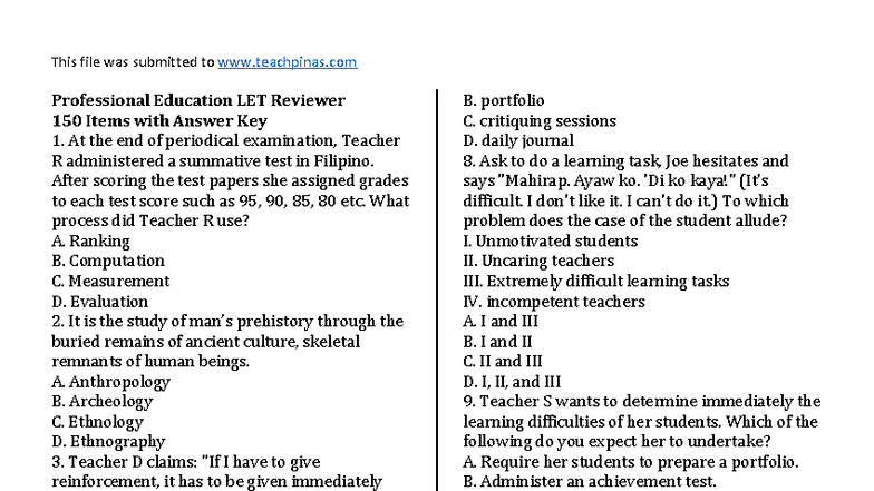 PROF ED - LET Reviewer: 150 Items with Answer Key - Studocu