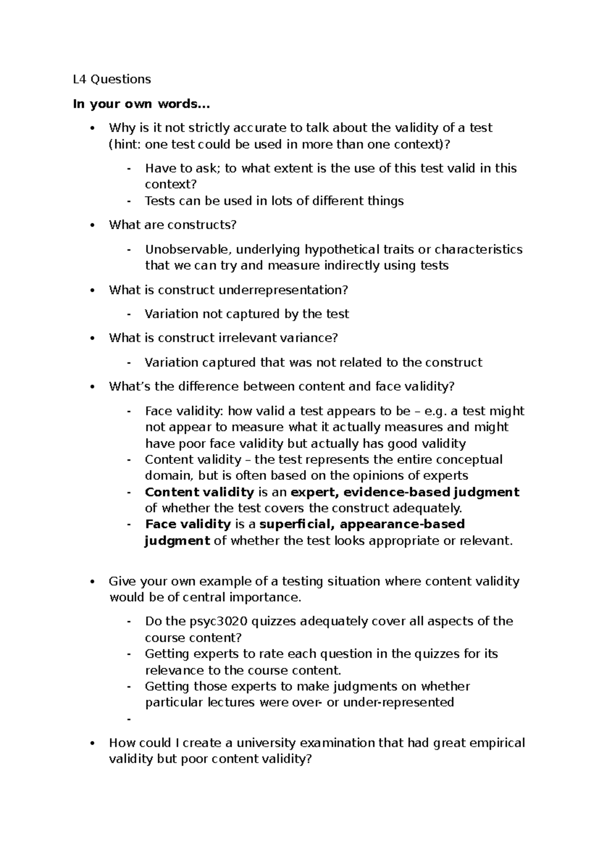 PSYC3020 Lecture 4: Validity and Construct Evaluation Questions - Studocu