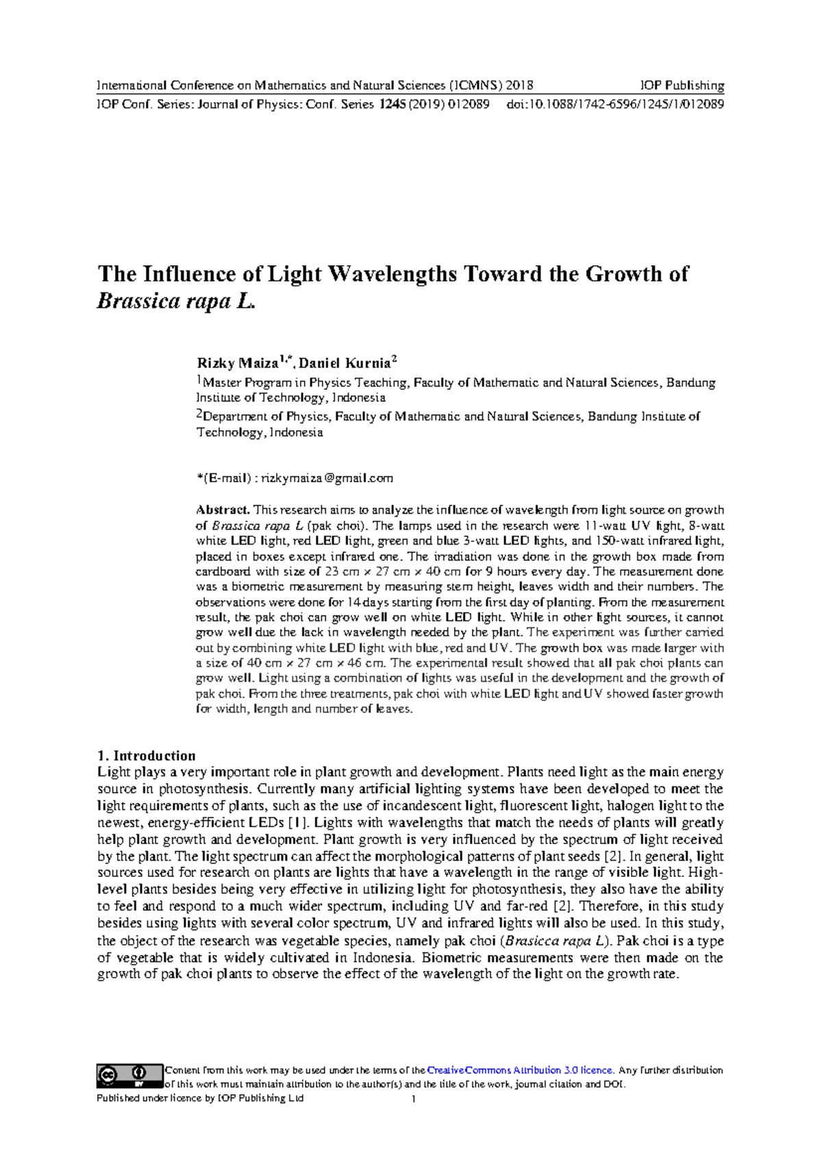 The Influence of Light Wavelengths on Brassica rapa L. Growth (ICMNS ...