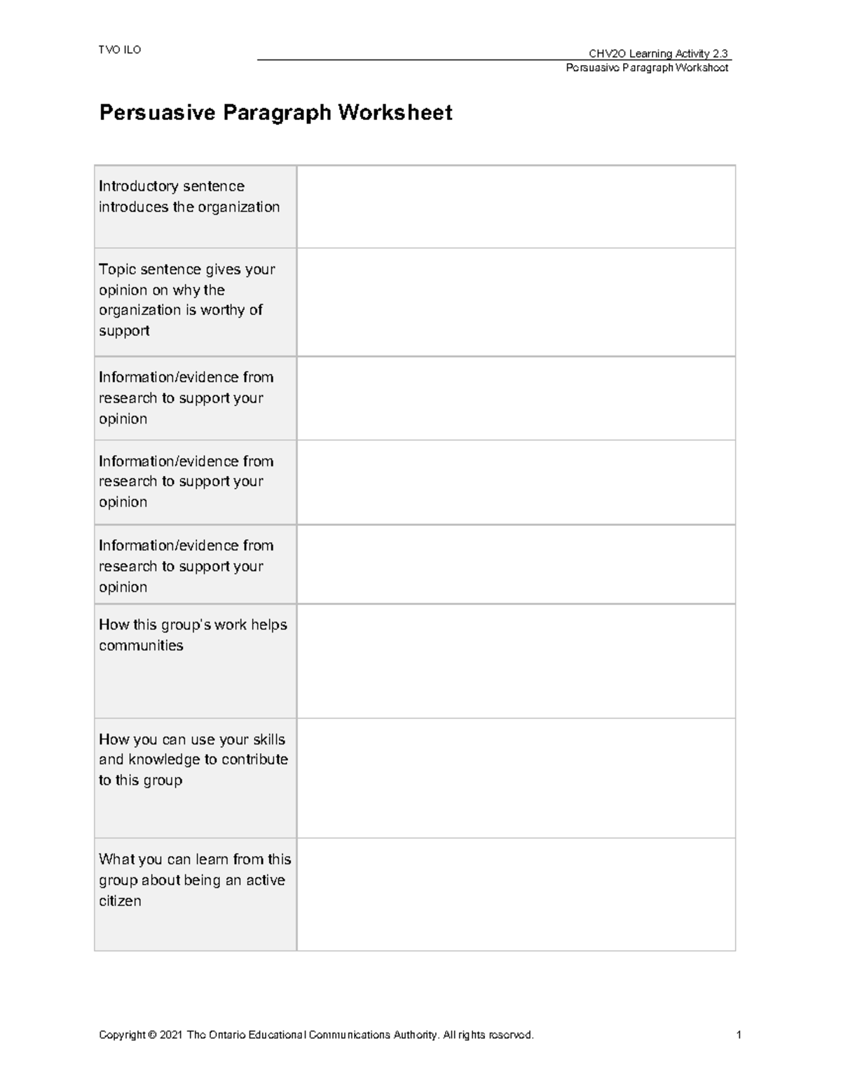 Chv2o 08 persuasive paragraph worksheet - CHV2O Learning Activity 2 ...