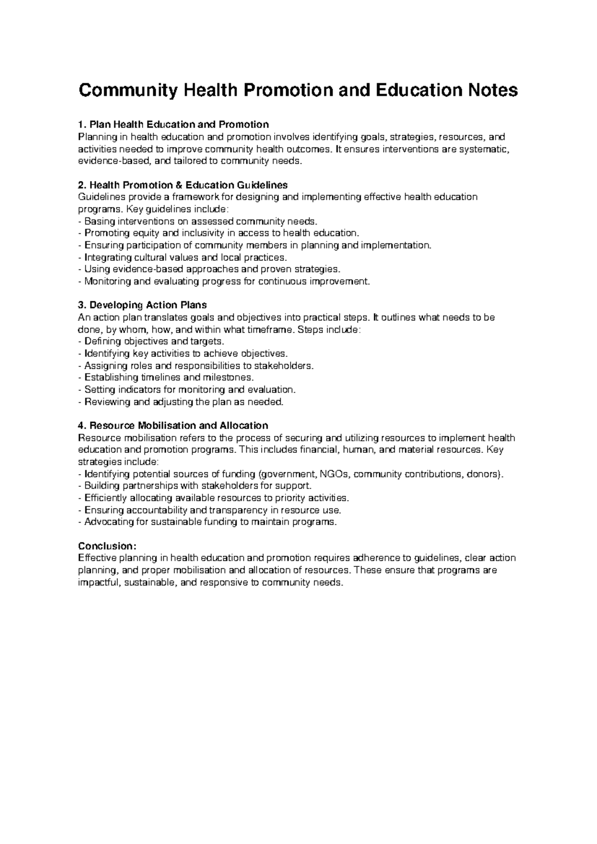 Plan Health Education & Promotion Notes (1) - Community Health Focus ...