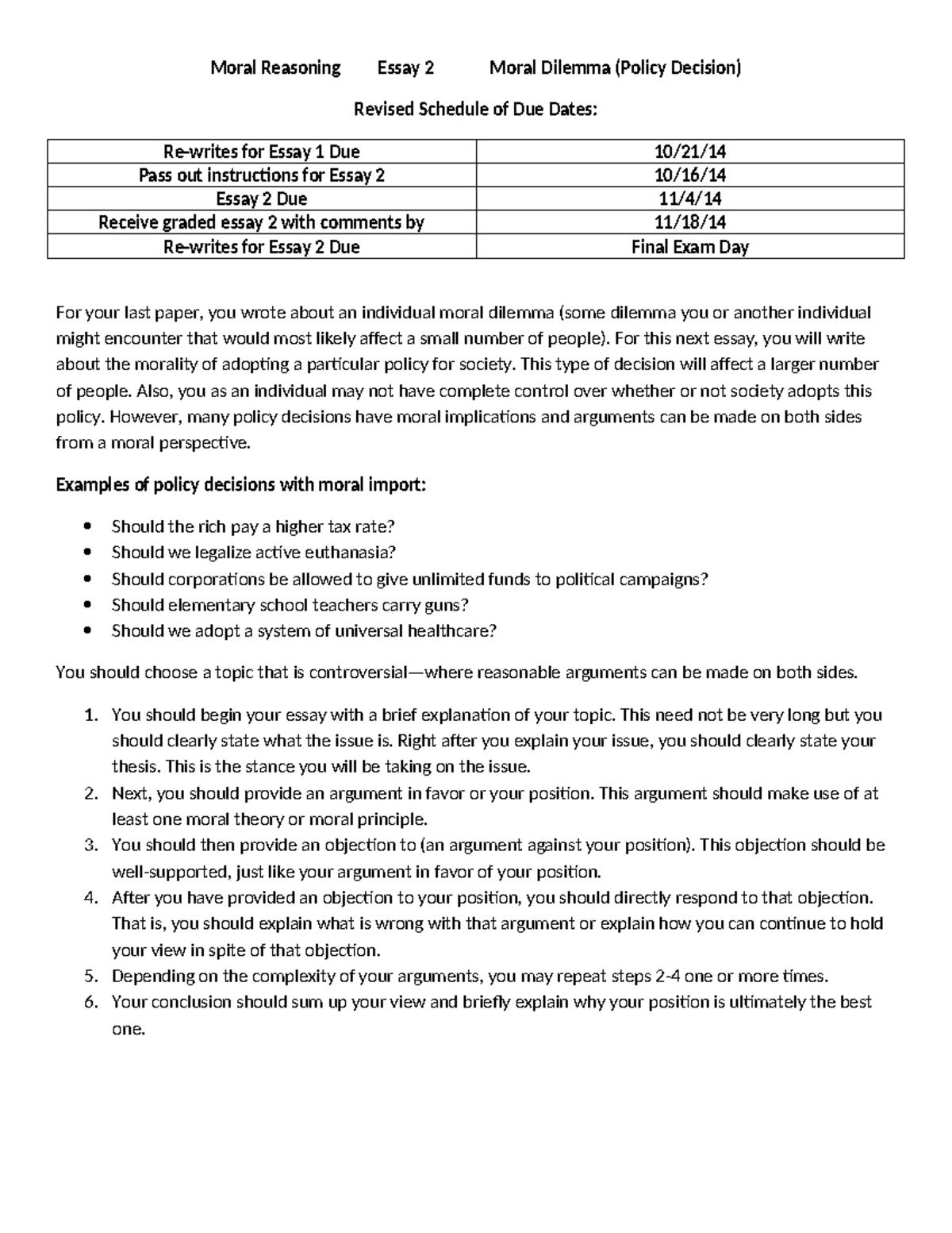 Moral Reasoning Essay 2: Policy Dilemma Instructions & Due Dates - Studocu