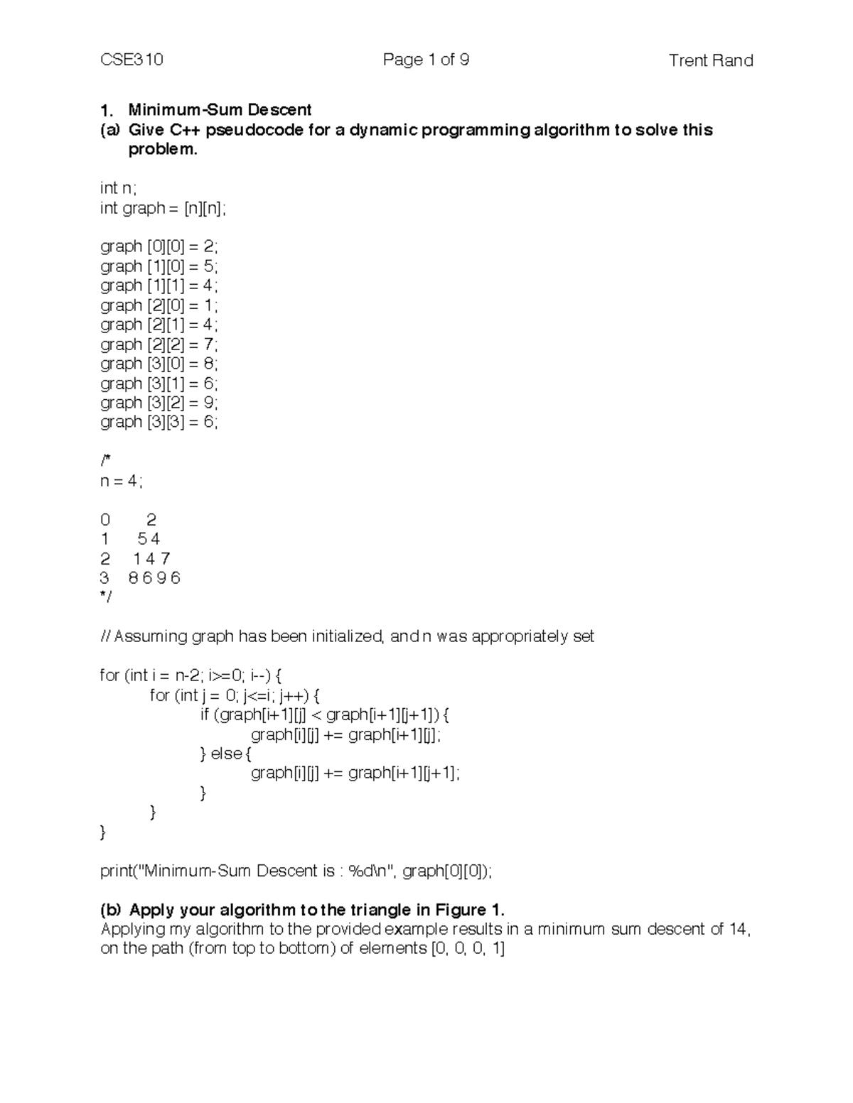 Answer Of Assignment3 Minimum Sum Descent A Give C Pseudocode For