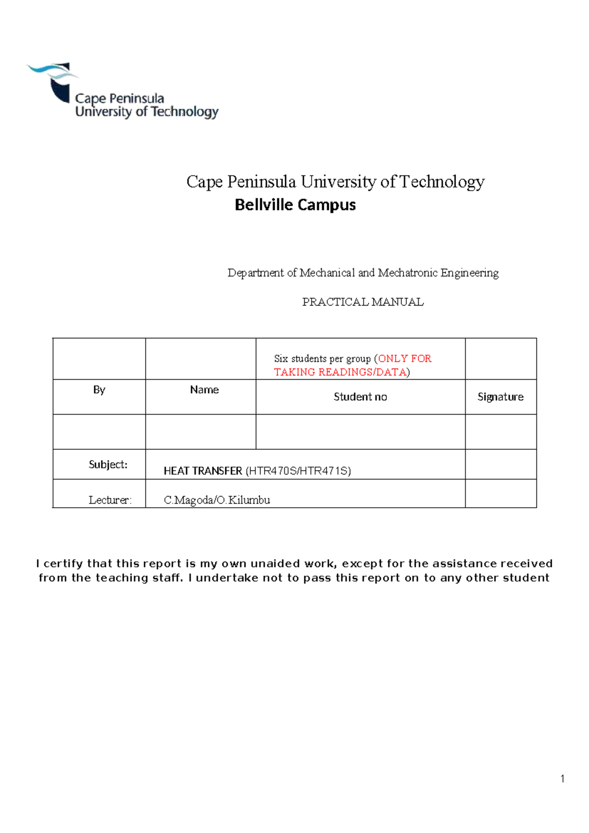 Heat Transfer Practical Manual - MECH 101: Lab Experiment Guide - Studocu