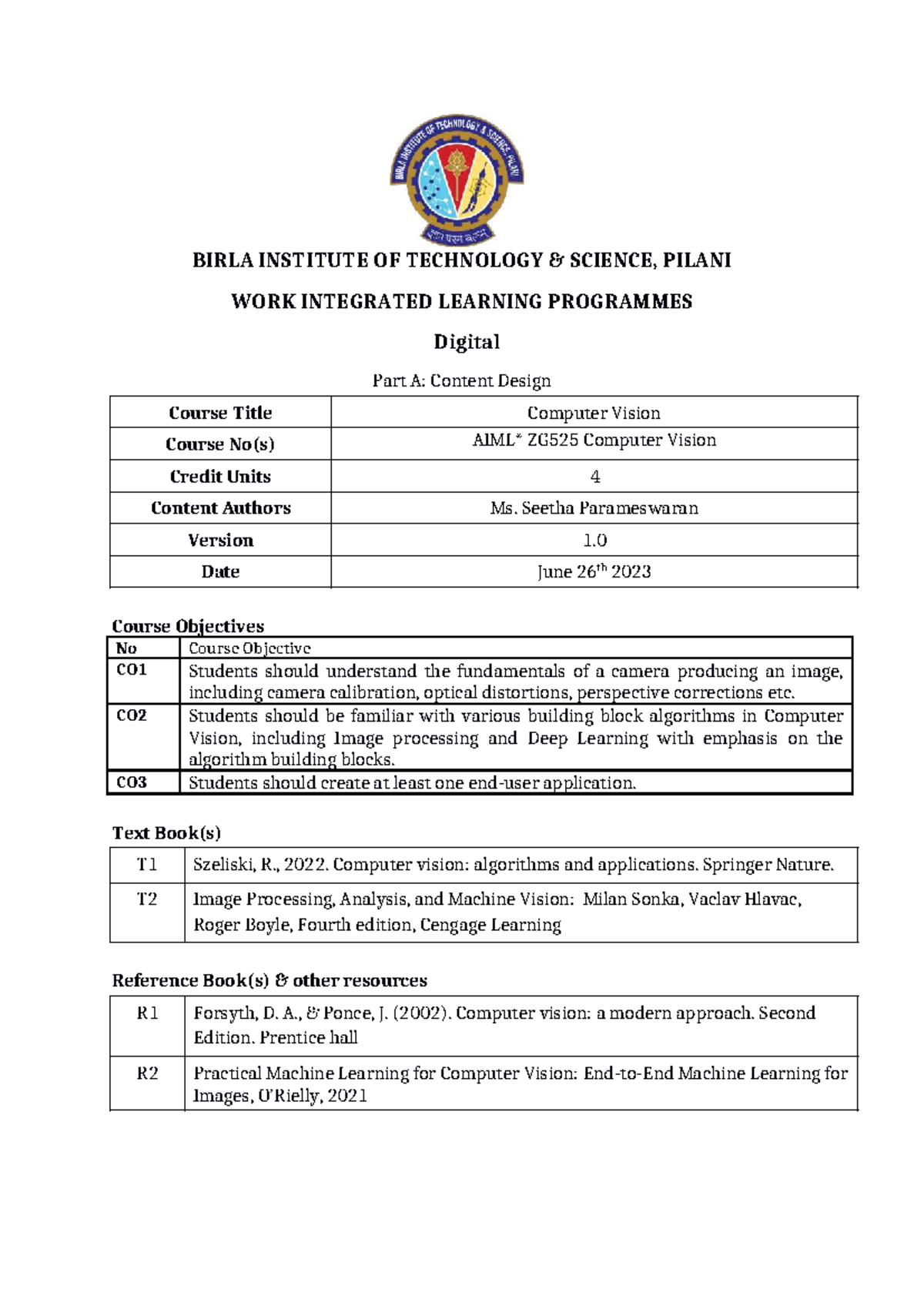 Computer Vision ZG525: AIML Handout v1.0 for Course Content - Studocu