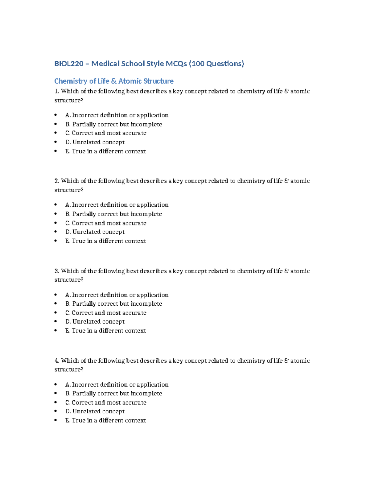 BIOL220 Final Exam MCQs: Chemistry of Life Concepts - Studocu