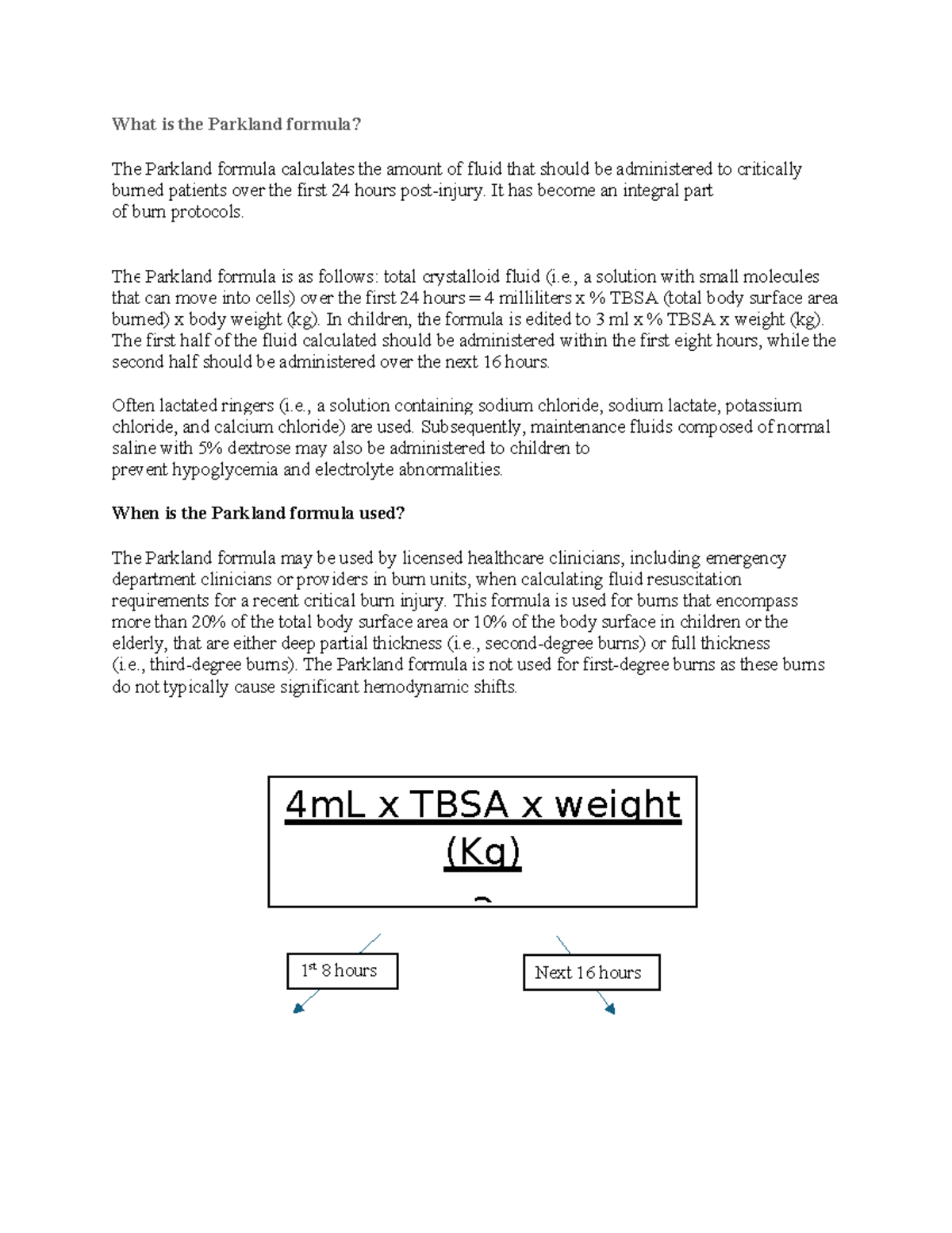 Parkland Formula for Fluid Resuscitation in Burns - Handout - Studocu
