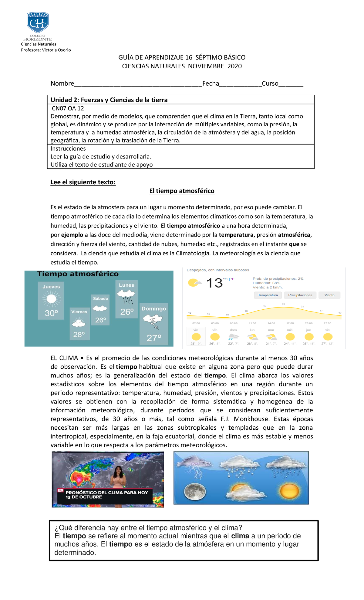 Guía de Aprendizaje 16: Clima y Elementos en Ciencias Naturales - 7 ...