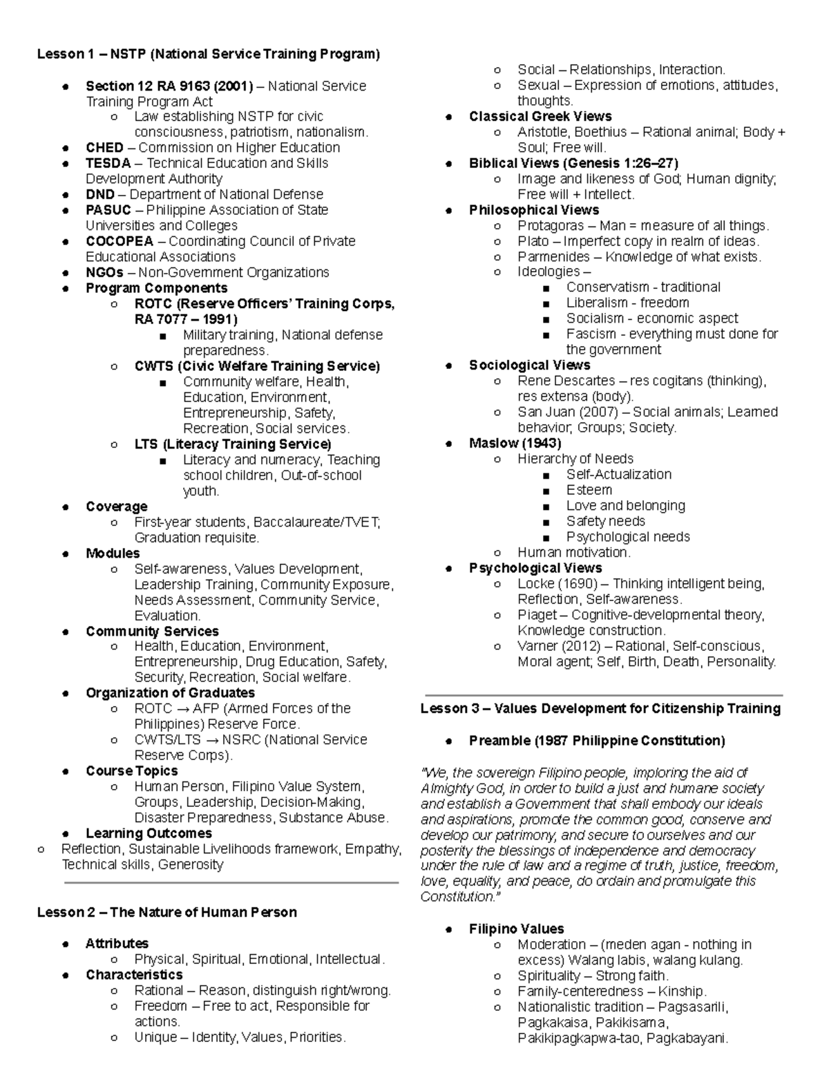 NSTP Lesson 1-3 Reviewer: Filipino Values & Civic Training - Studocu