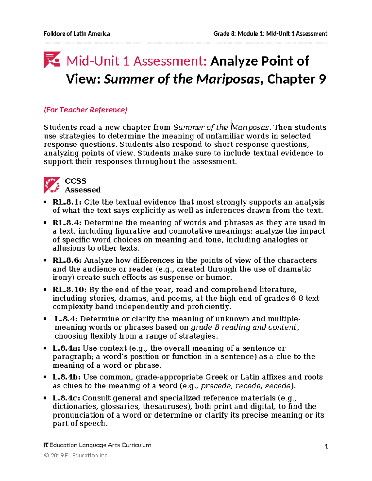 G8M1U1 Mid-Unit 1 Assessment: Analyzing POV in Summer of the Mariposas ...