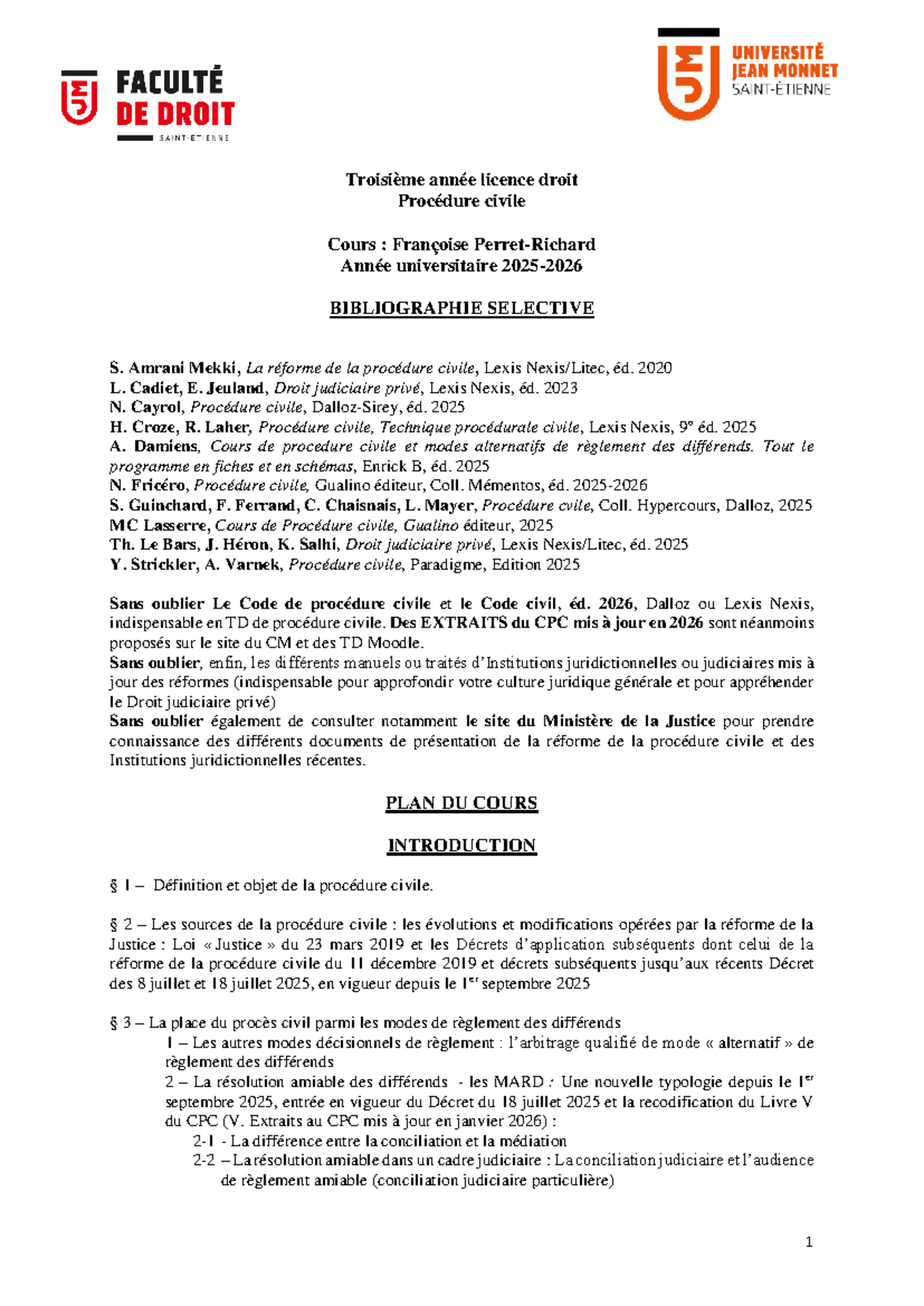 Plan du CM Procédure Civile - 2025-2026 - Studocu