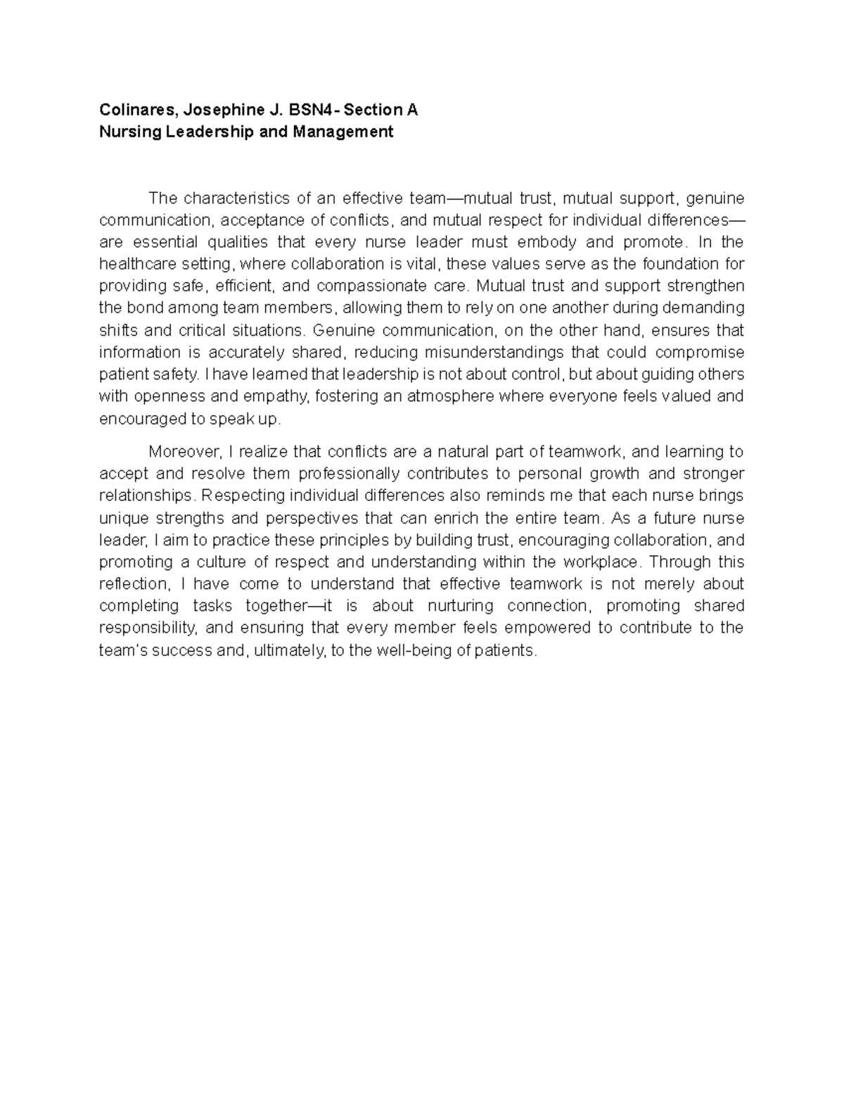 NUR 301 - Online Seminar Reflection on Nursing Leadership Qualities ...