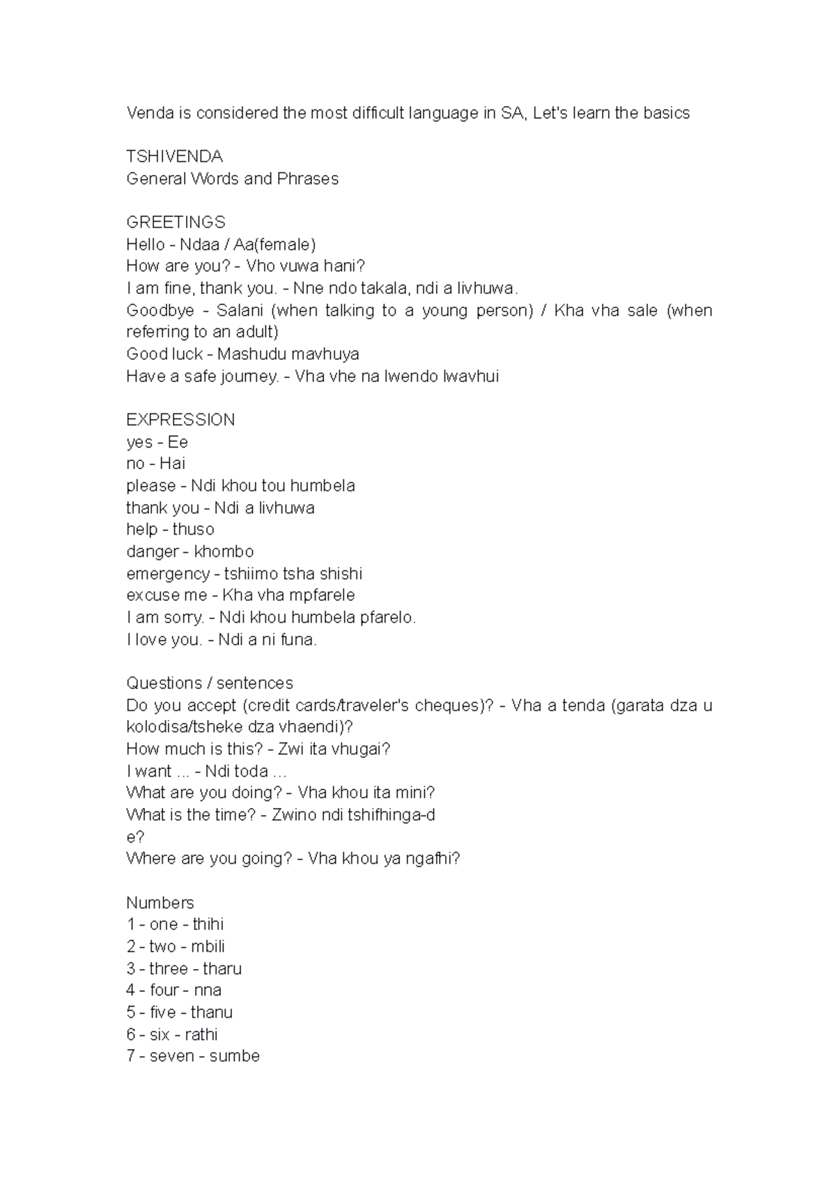 TSHIVENDA Basics: Essential Words & Phrases for Greetings and Questions ...
