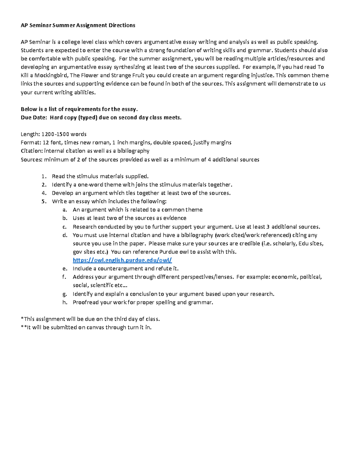 Summer Assignment for AP Seminar 2024 - ####### AP Seminar Summer ...
