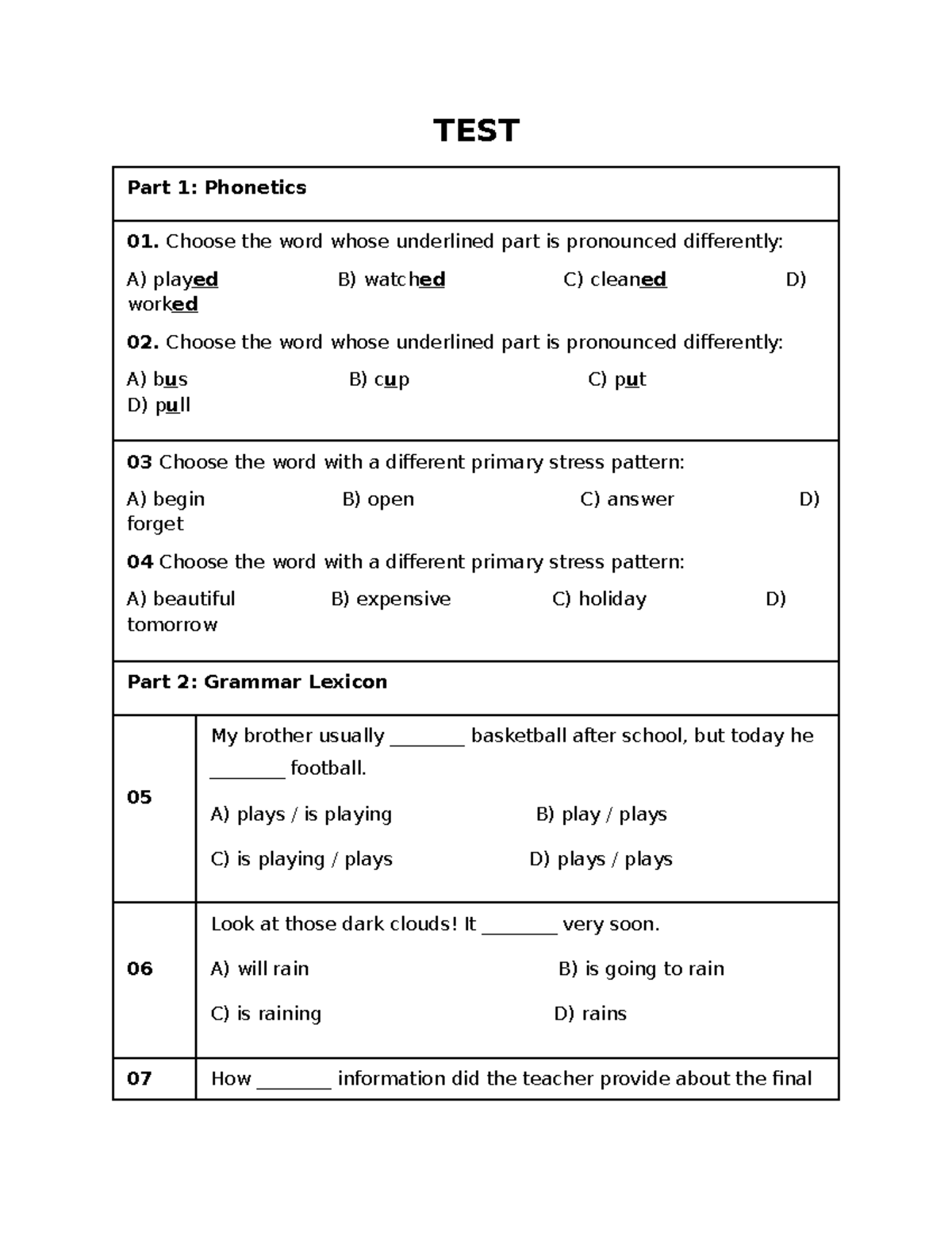 TEST - English Phonetics & Grammar Practice Part 1 & 2 - Studocu