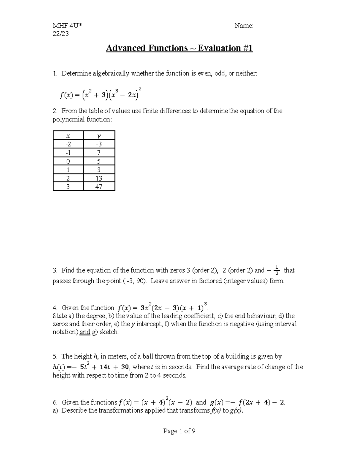 MHF2223 Advanced Functions Exam Review: Key Concepts & Problems - Studocu