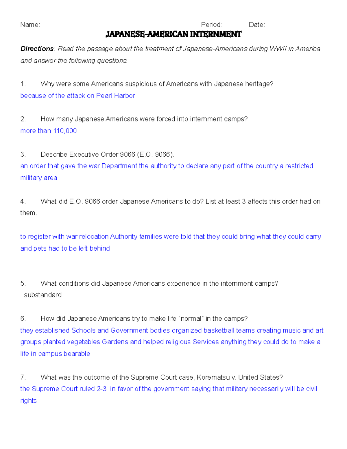 Japanese American Internment: Reading & Questions - 16947404 - Studocu