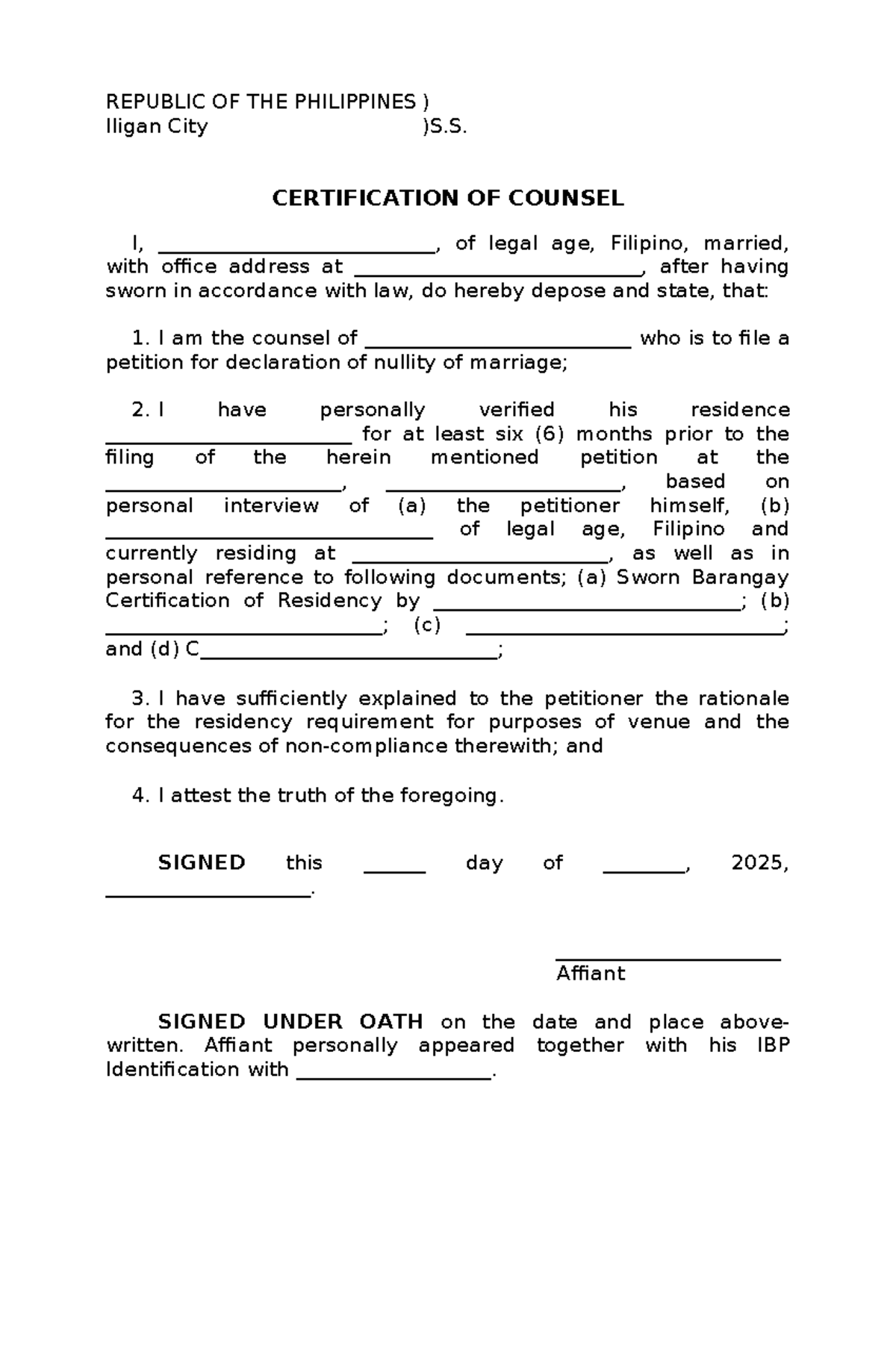 Certificate of Counsel - Sample for Petition Filing - Studocu
