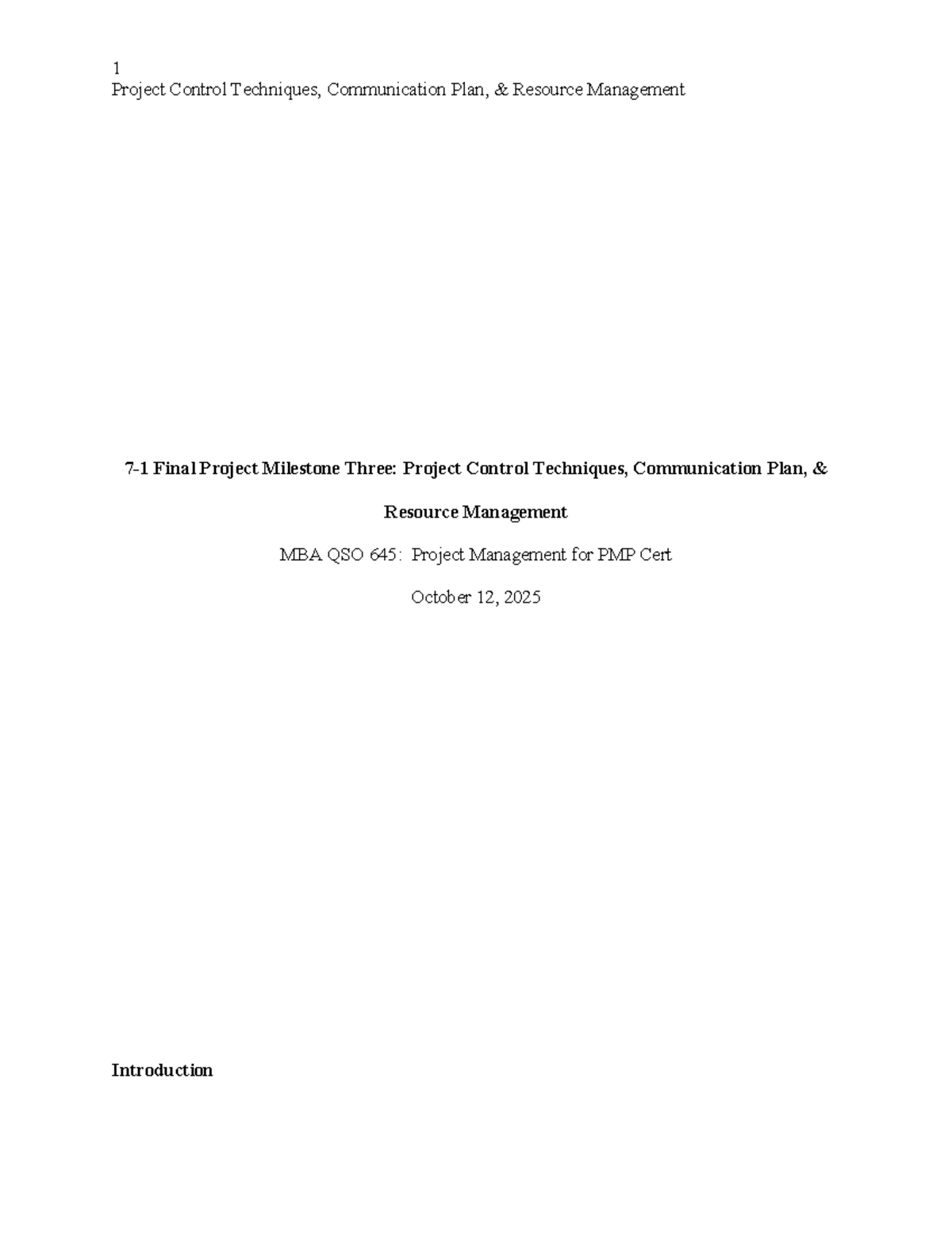 MBA QSO 645 Final Project: Control Techniques & Resource Management ...