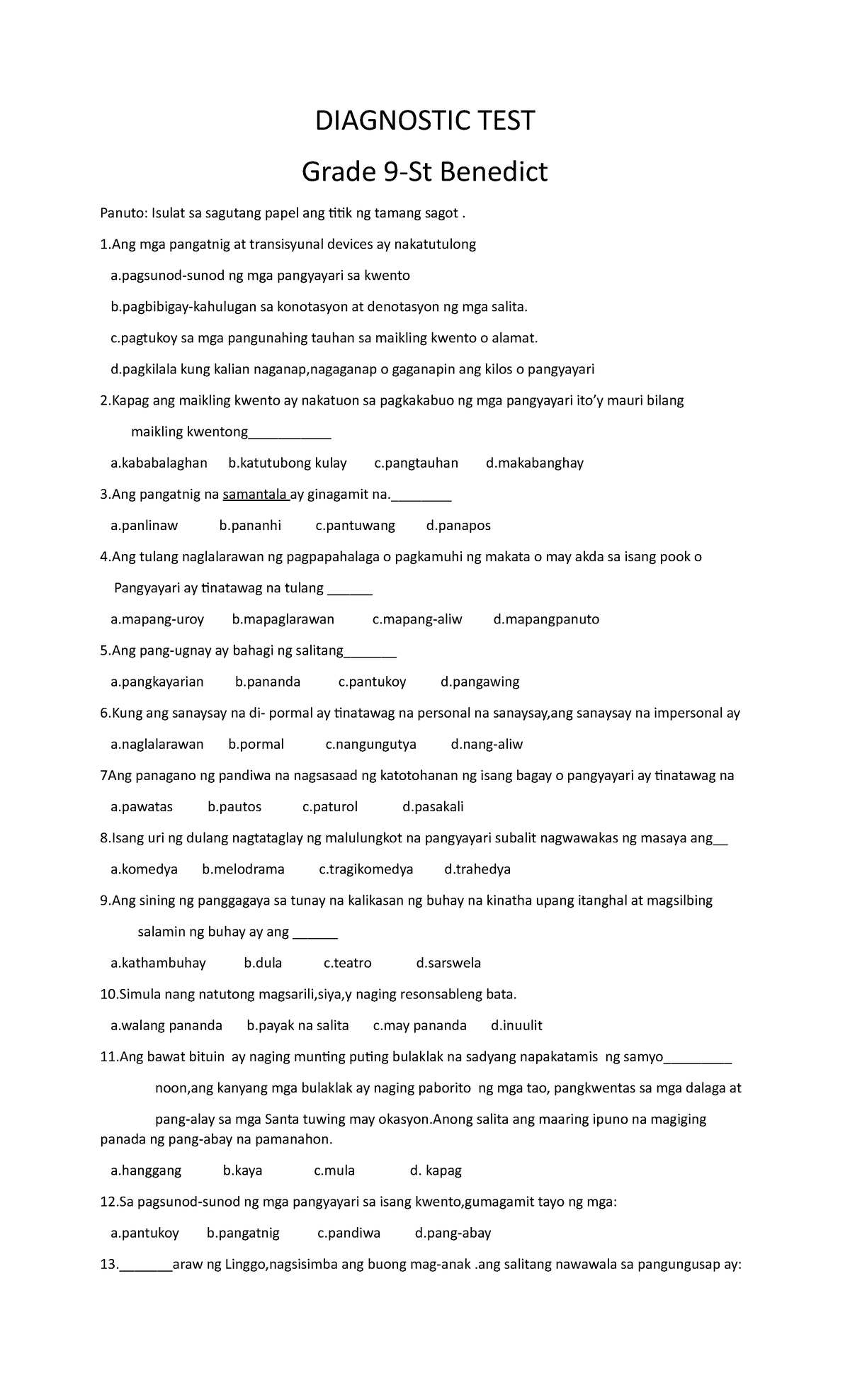 Diagnostic Test for Filipino 9 - Grade 9 St Benedict - Studocu