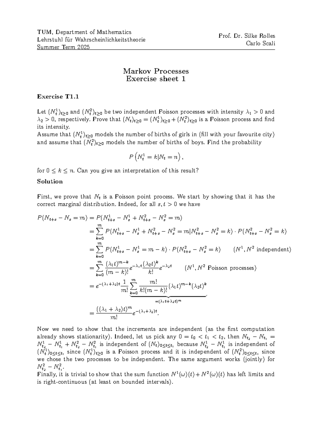 TUM Math 2025: Markov Processes Exercise Solutions Sheet 1 - Studocu