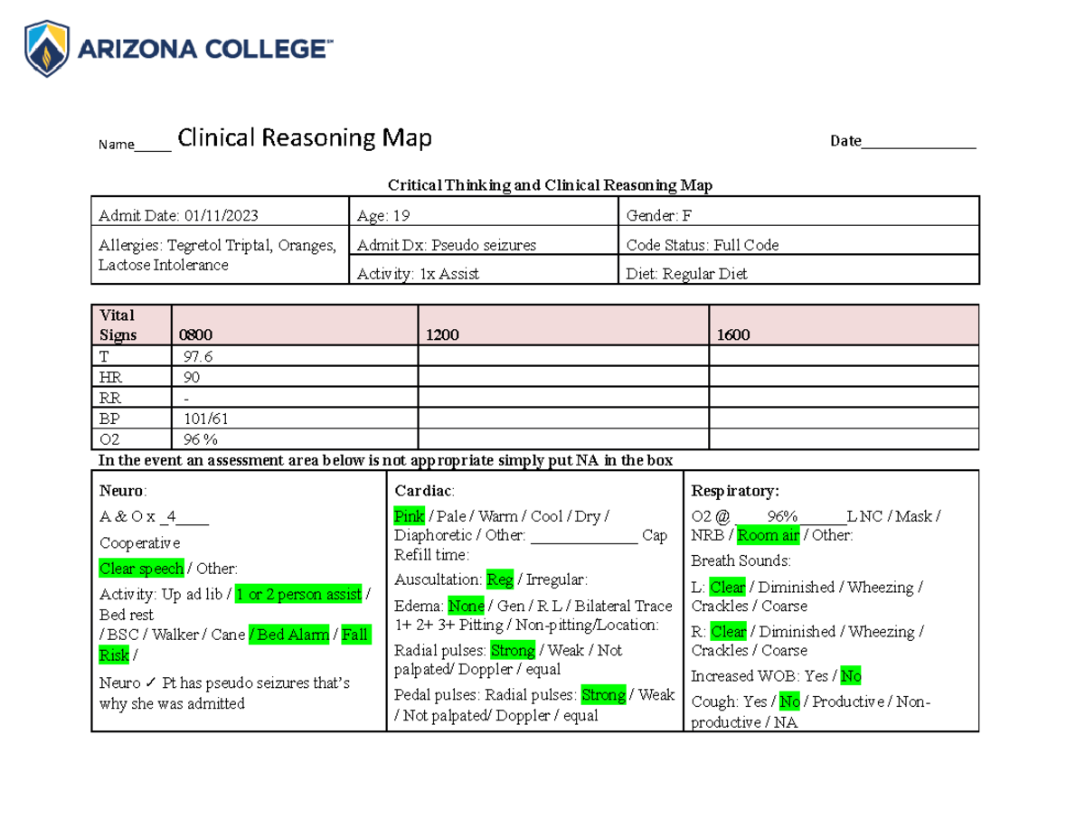 Clinical reasoning map-charting tool - Critical Thinking and Clinical ...