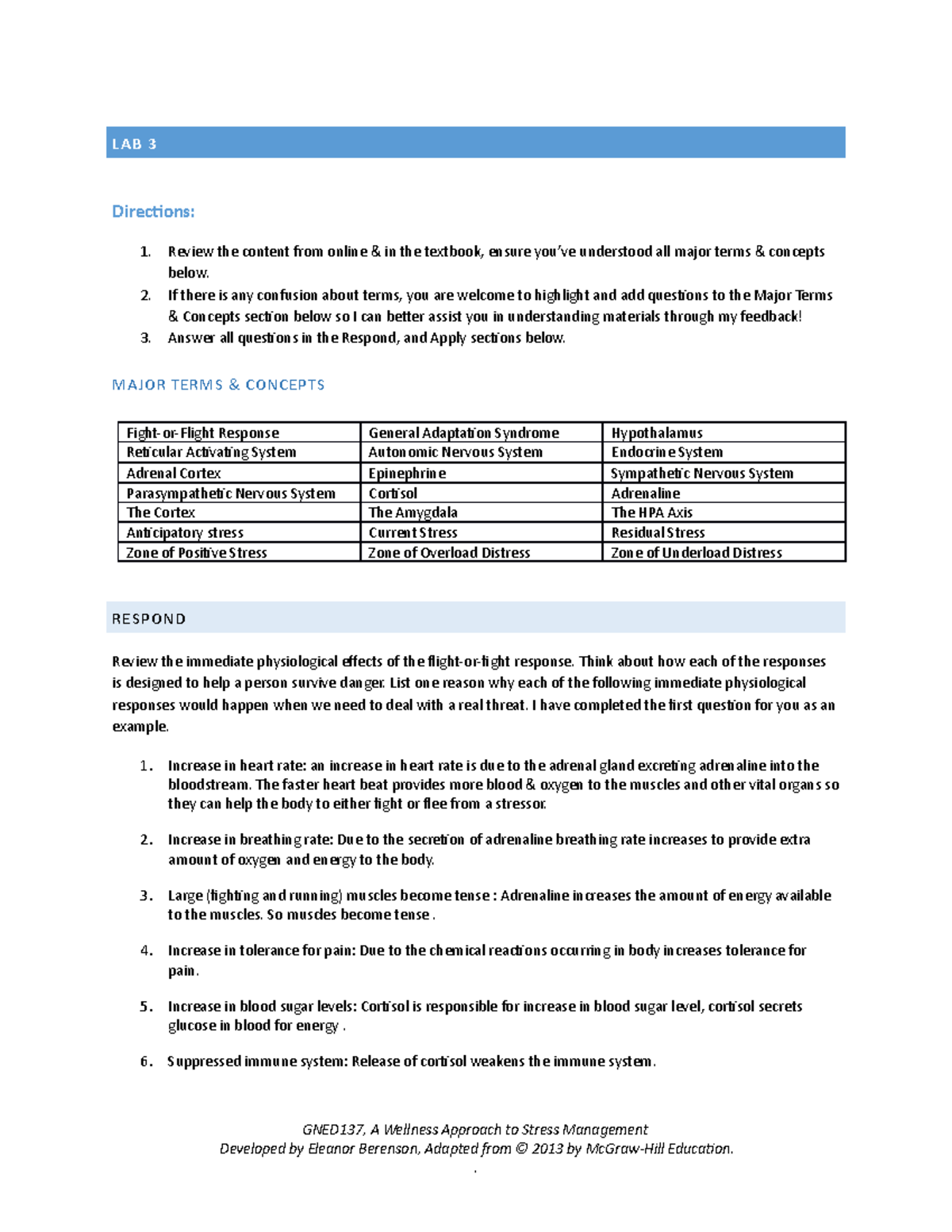 Lab 3: Immediate Physiological Effects of the Fight-or-Flight Response ...