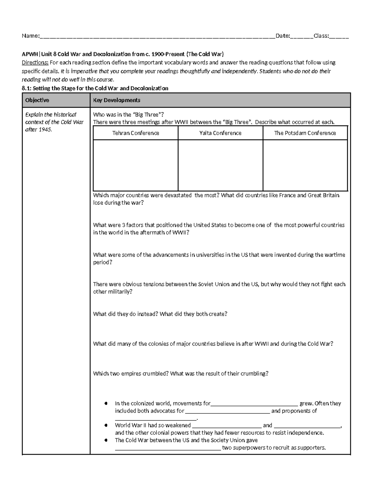 APWH Unit 8 Study Guide: Cold War & Decolonization (c. 1900-Present ...