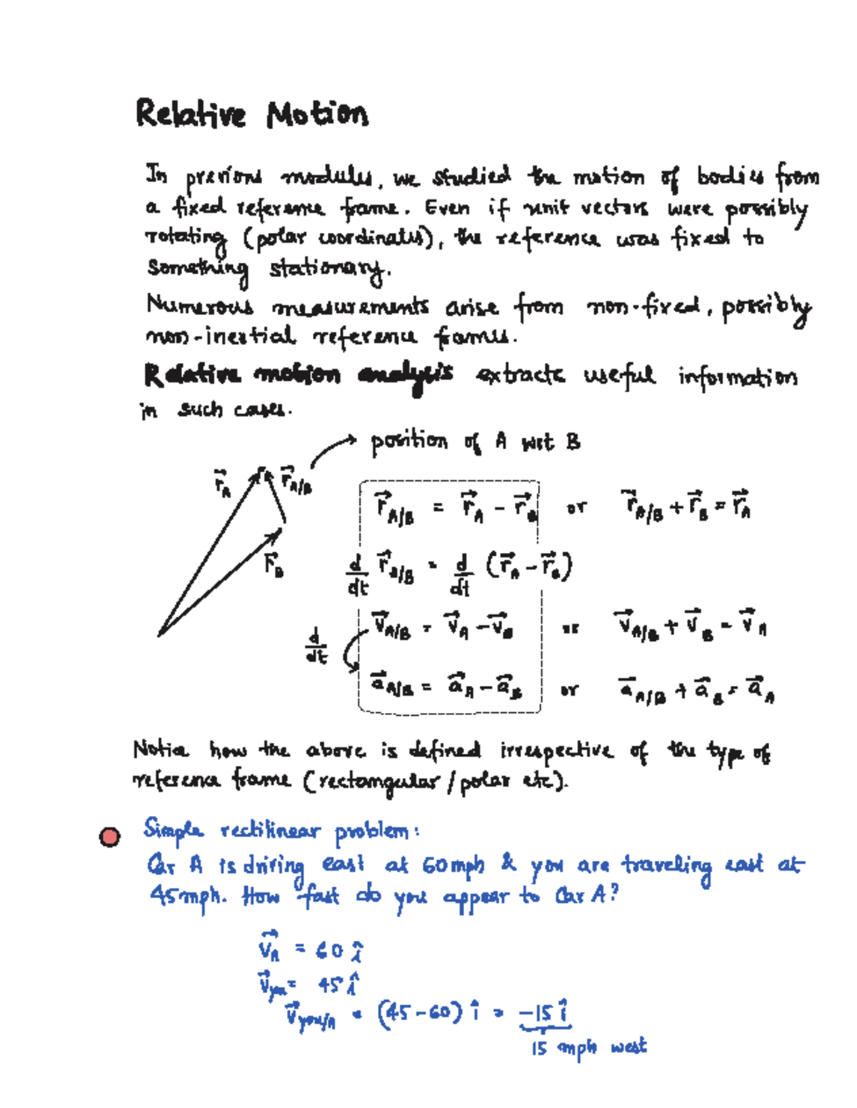 L10 Relative Motion: Analyzing Fixed Reference Frames and Velocity ...
