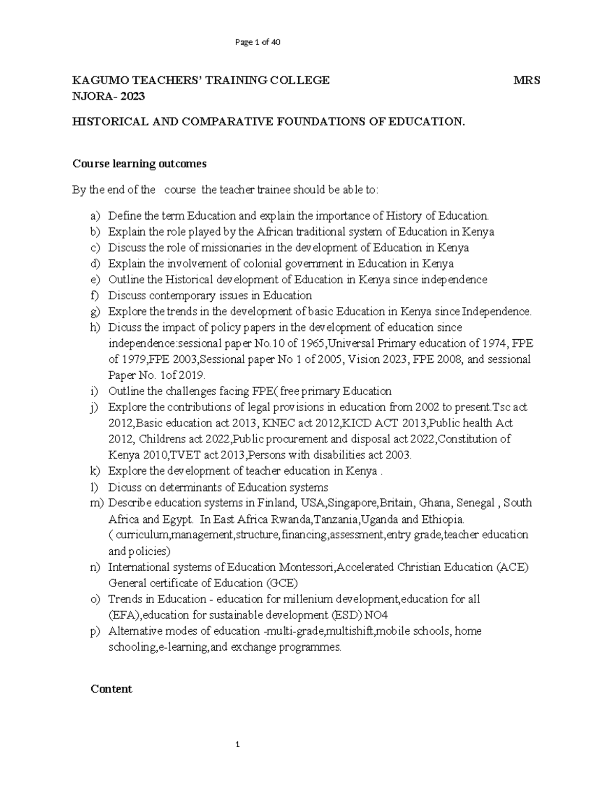 KAGUMO TRAINING COLLEGE 2023: Historical & Comparative Foundations of ...