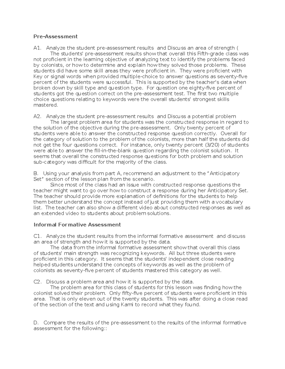 Task 2 - D092 Pre-Assessment and Formative Assessment Analysis - Studocu