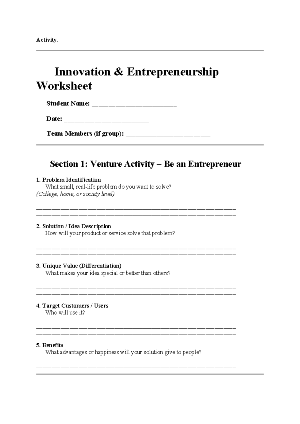 Unit 3: Innovation Entrepreneurship Worksheet for Students - Studocu
