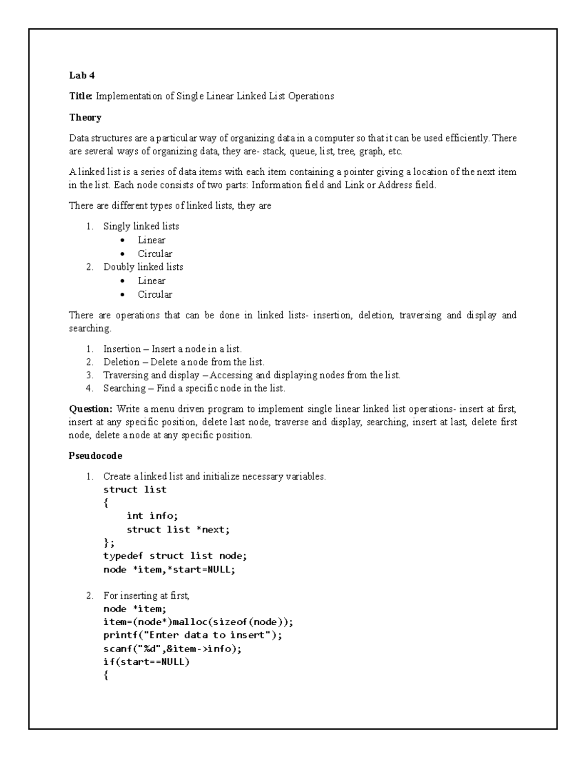 Lab 4: Implementation of Single Linear Linked List Operations - Studocu