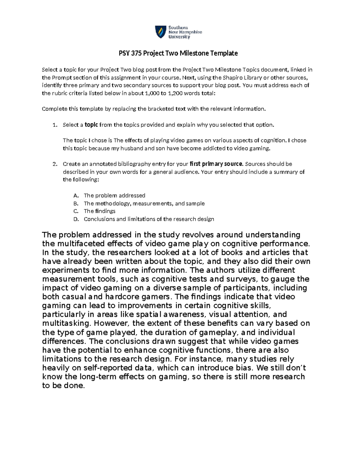 PSY 375 Project Two Milestone Template - PSY 375 Project Two Milestone ...