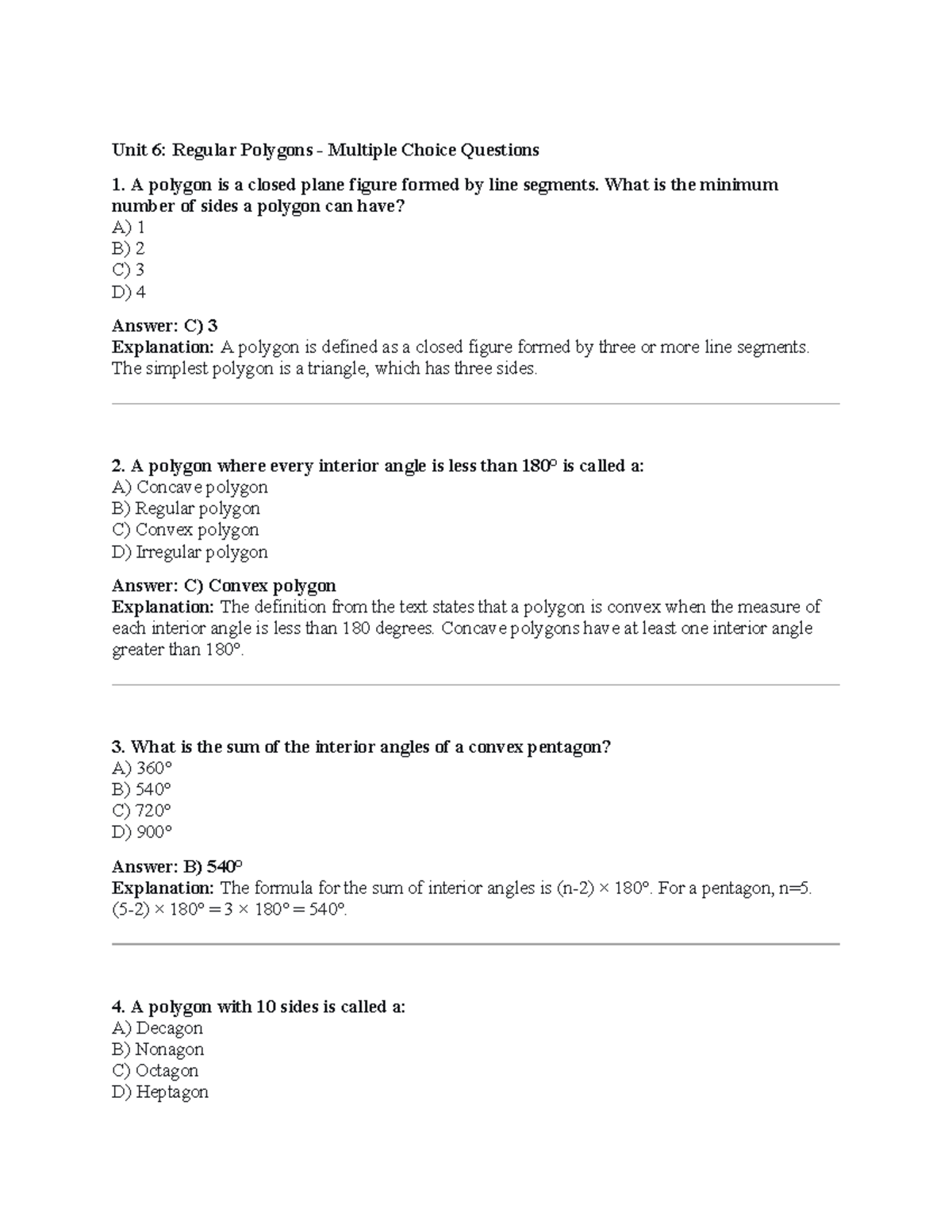 Maths Unit 6: MCQs on Regular Polygons and Their Properties - Studocu