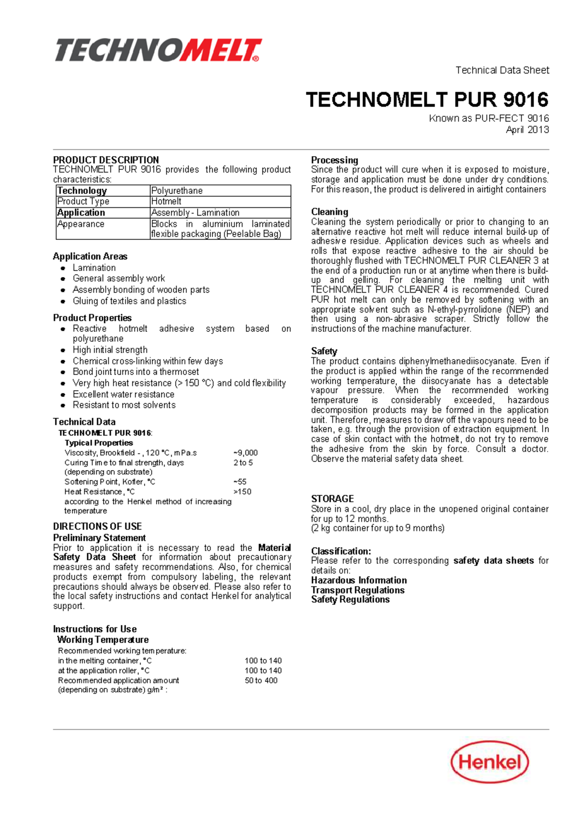 Technical Data Sheet: TECHNOMELT PUR 9016 Adhesive Properties - Studocu